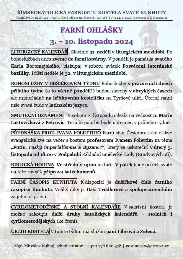 FARNÍ OHLÁŠKY 3. – 10. PROSINCE 2024 – Farnost Nové Město na Moravě