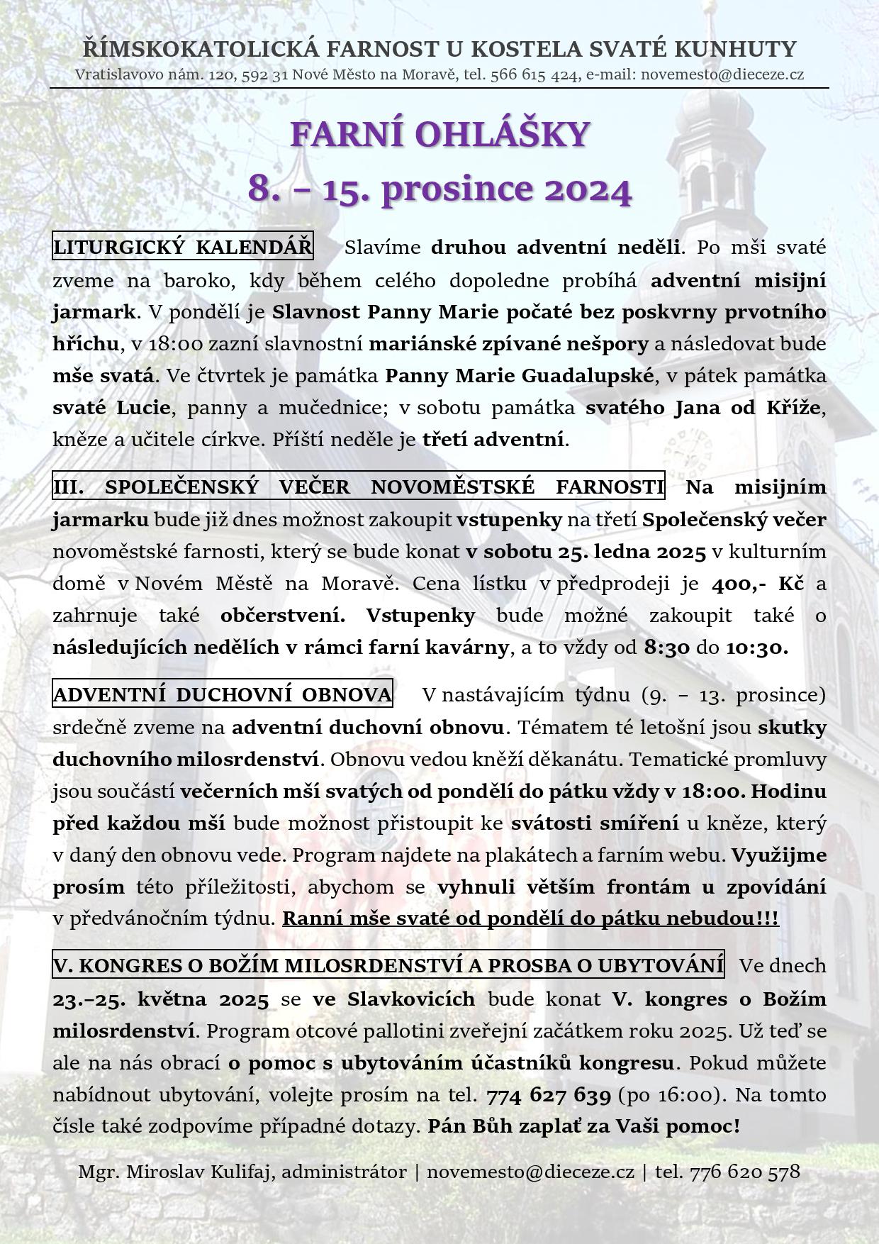 FARNÍ OHLÁŠKY 8. – 15. PROSINCE 2024 – Farnost Nové Město na Moravě